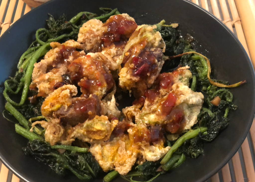 Chinese Vegetarian Stuffed Squash Blossoms and Stems
